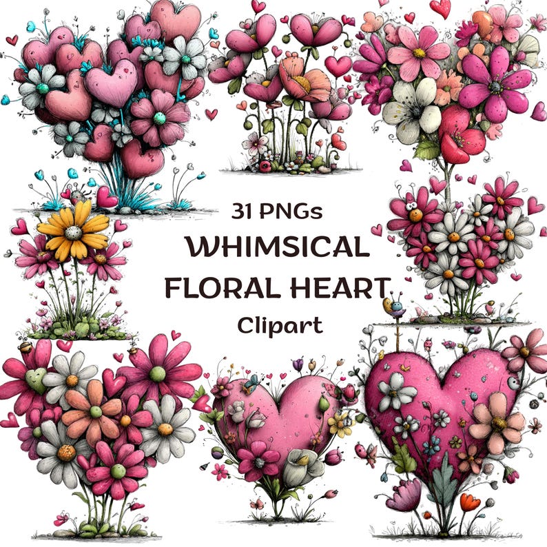 Whimsical Floral Hearts Clipart: Valentine Day Graphics (digital ...