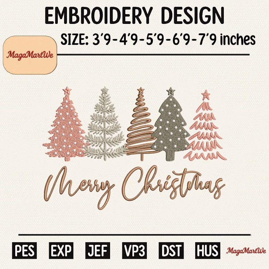 Merry Christmas Trees Embroidery Design, Pastel Christmas Tree Set ...