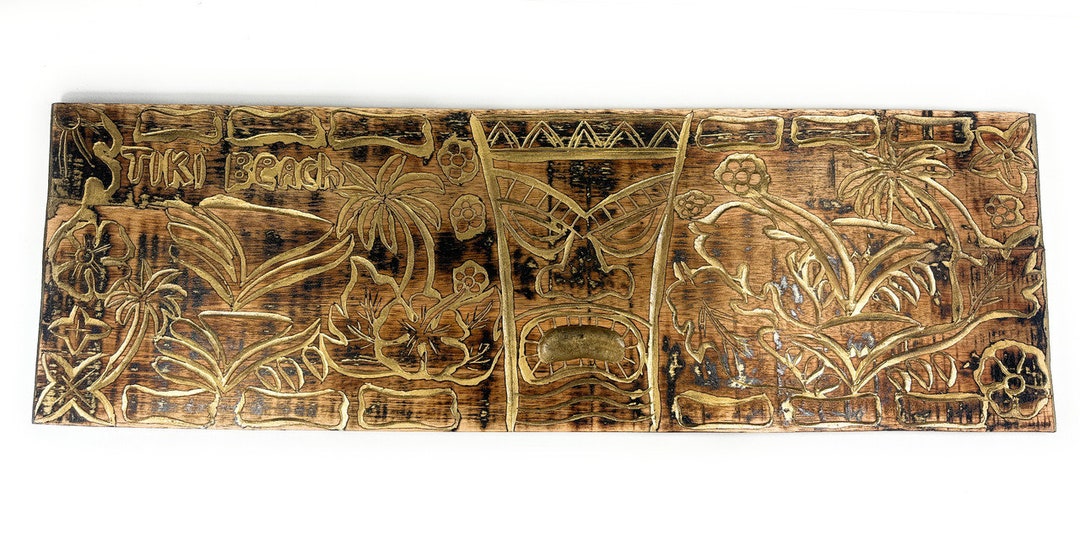 Rustic Gold Big Kahuna Tiki Relief, Tiki Beach Wood Panel 40 Inch X 12 ...
