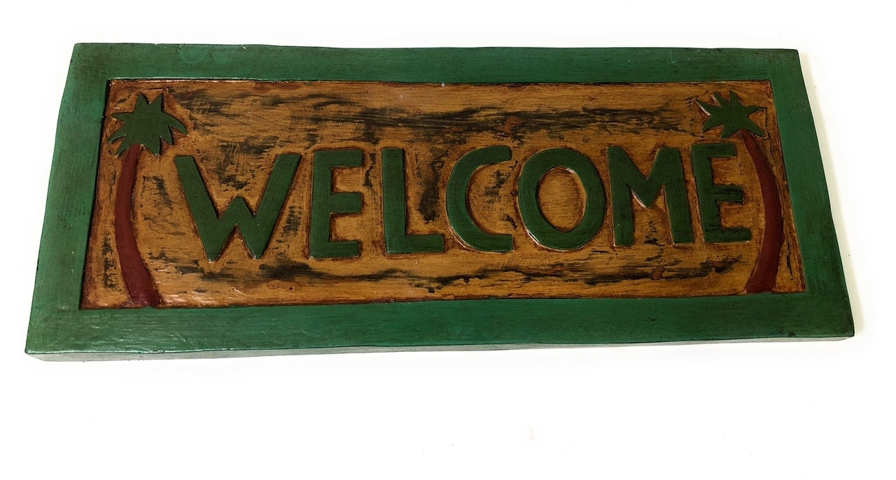 Welcome Sign 16" W/ Palm Trees - Hand Carved/painted | #bds1202840 - Etsy