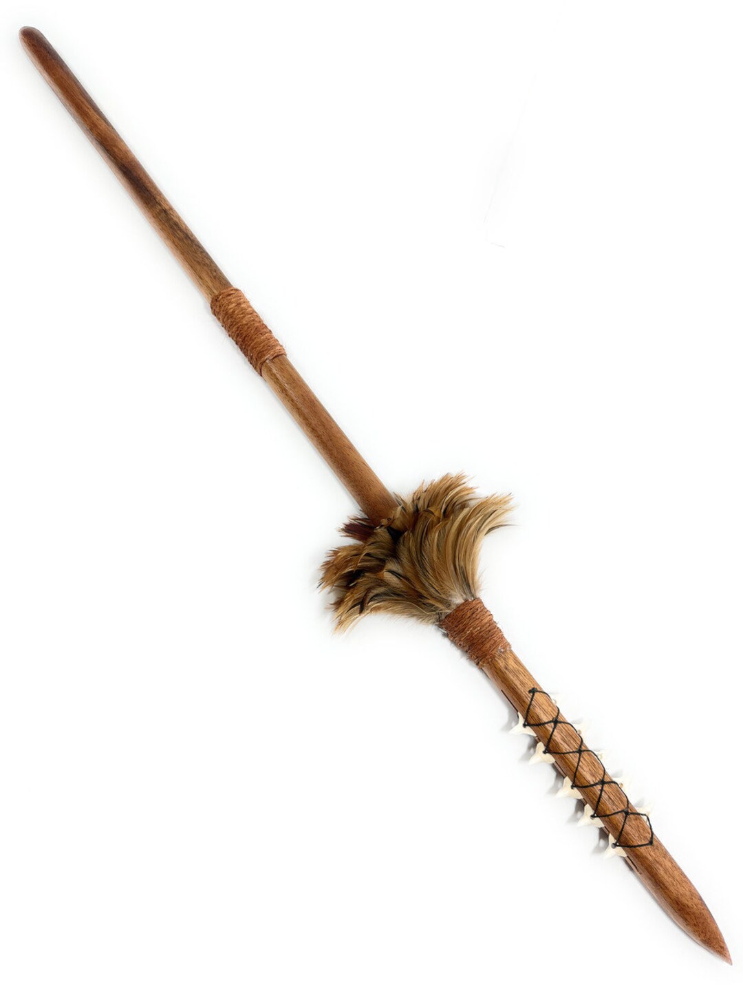 Koa Spear 42 Inch W/ 10 Shark Teeth - Double Stack Brown Feathers Made ...