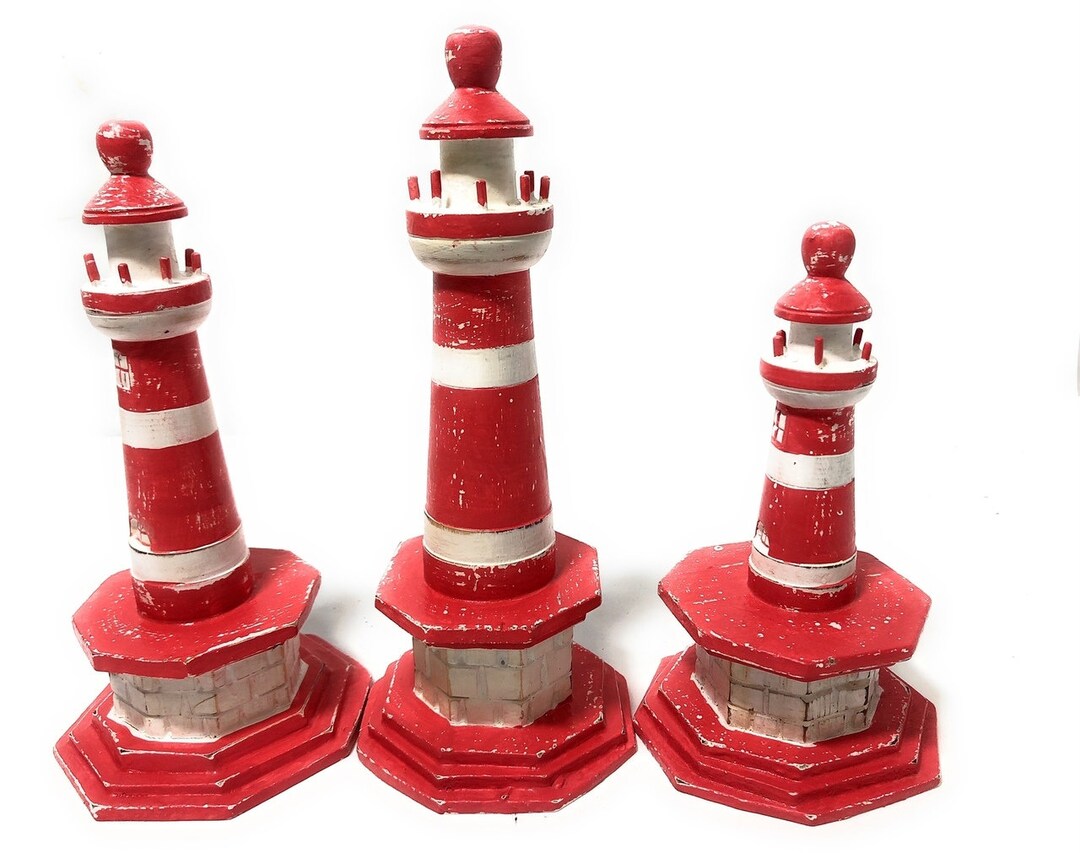 Set of 3 Lighthouses 9", 8" & 7" - Red Nautical Decor | #ort17011s3r - Etsy