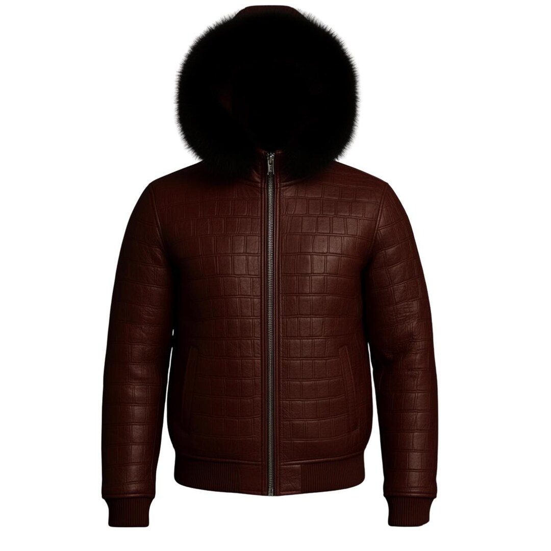Handmade Crocodile Embossed Leather Jacket, Luxury Fur Hood - Etsy