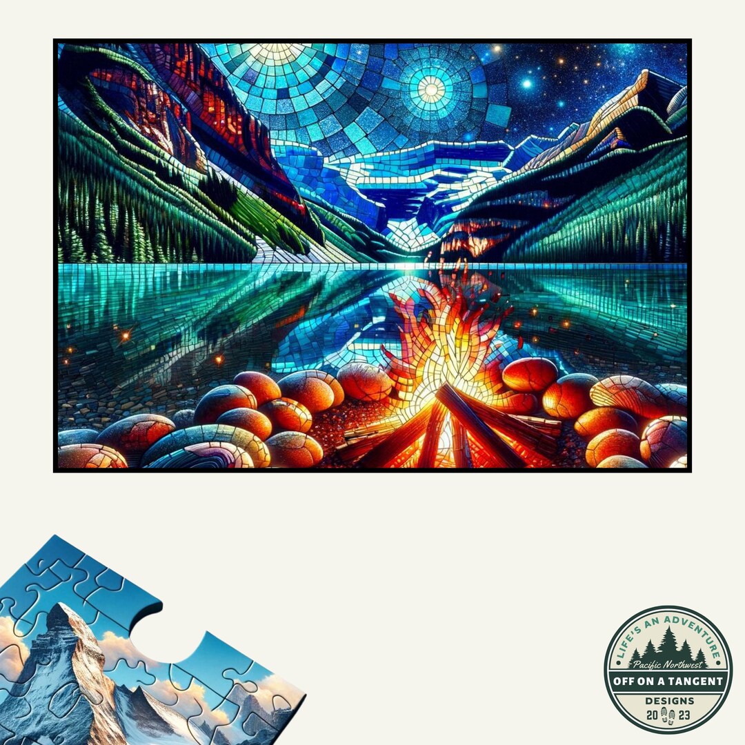 Puzzle Mountain Lake Campfire Stained Glass Mosaic, Nature Lover ...