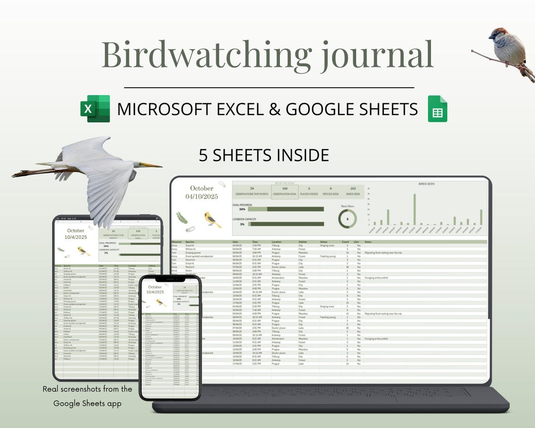 Birdwatching Logbook Template: Excel & Google Sheets Tracker (digital ...