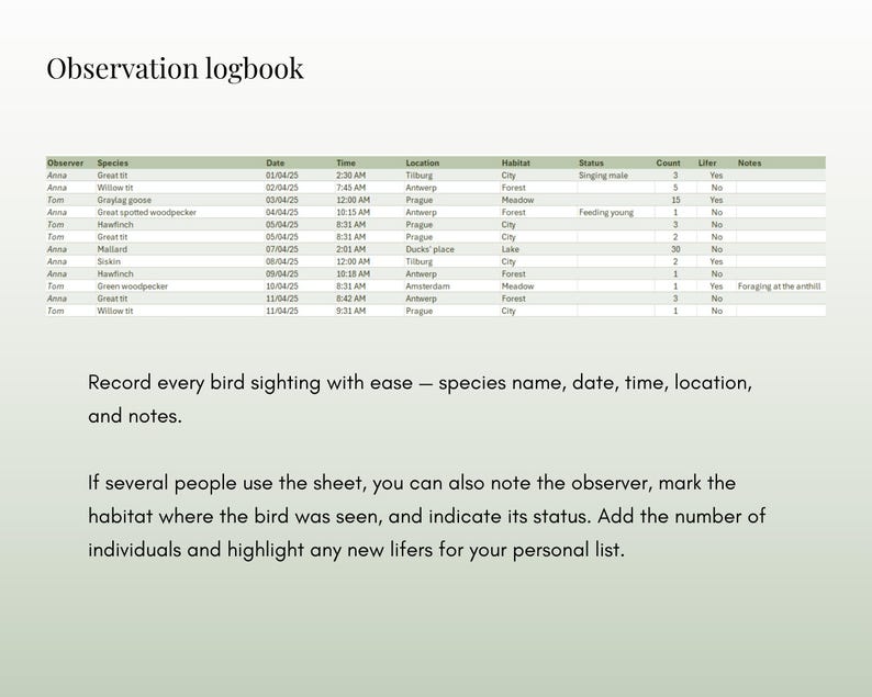 Birdwatching Logbook Template: Excel & Google Sheets Tracker (digital ...