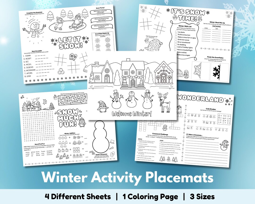Printable Winter Kids Activity Placemats, Coloring Placemats, Kids ...
