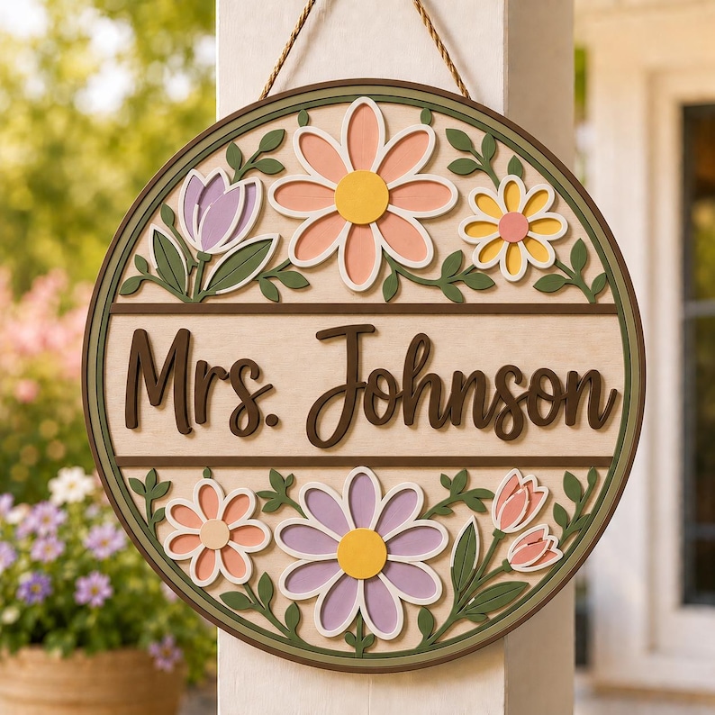 Custom Floral Name Sign, Wildflower Boho Door Hanger, Personalized ...