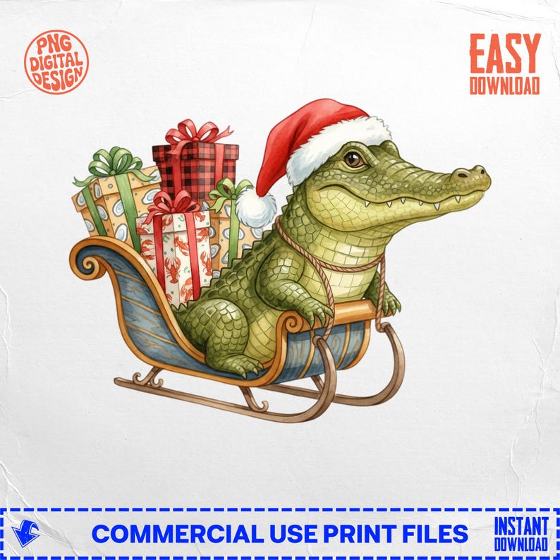 Christmas Alligator PNG, Santa Gator Sleigh Digital Download, Holiday ...