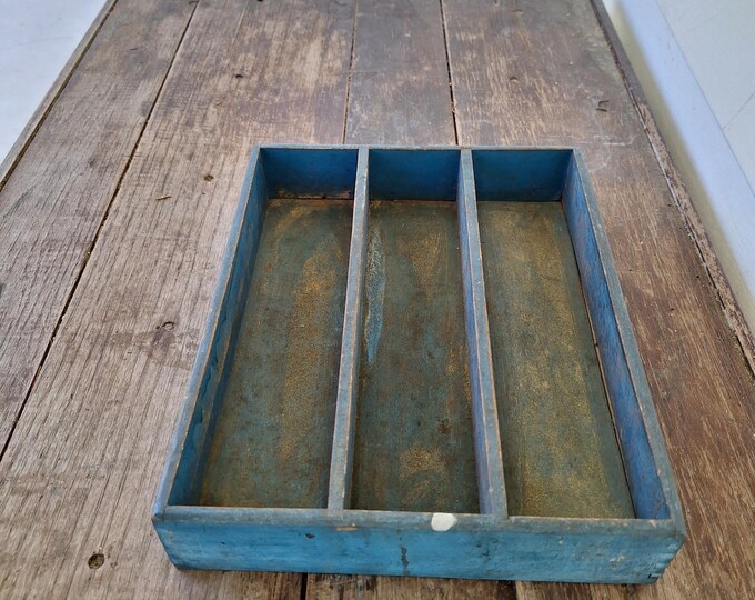 Vintage Blue Painted Wooden Tray Divided Storage Organizer Farmhouse ...