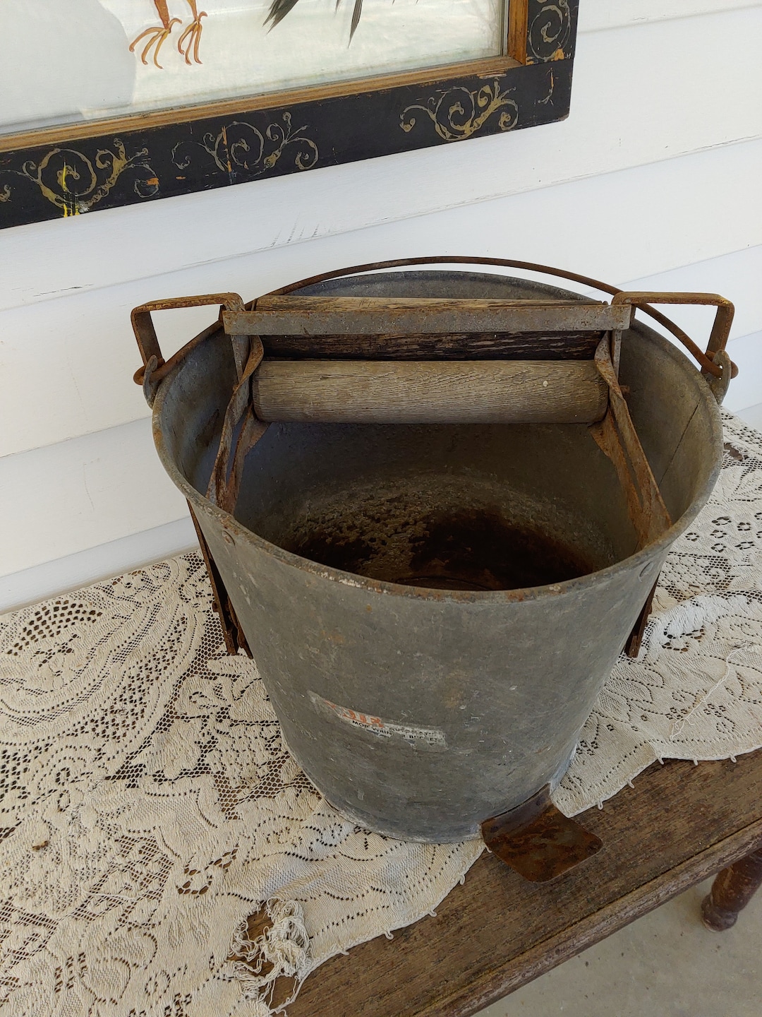 Galvanized ERIE Vintage Mop Bucket Pail Metal Antique Shabby Primitive ...