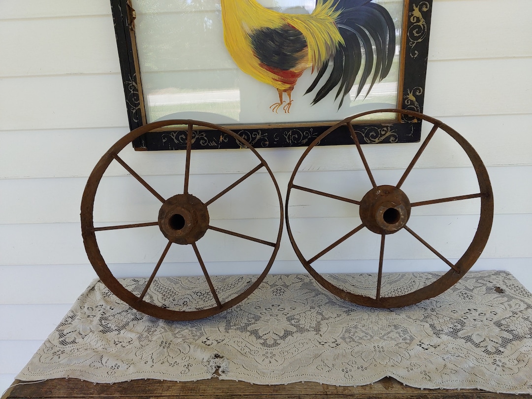 Pair Antique Iron Steel Metal Rusty WAGON Plow CART WHEEL Wheels Rustic ...