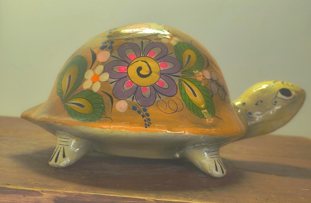 Hand - Painted Mexican Paper Mache Turtle Figurine Wwith Floral and ...