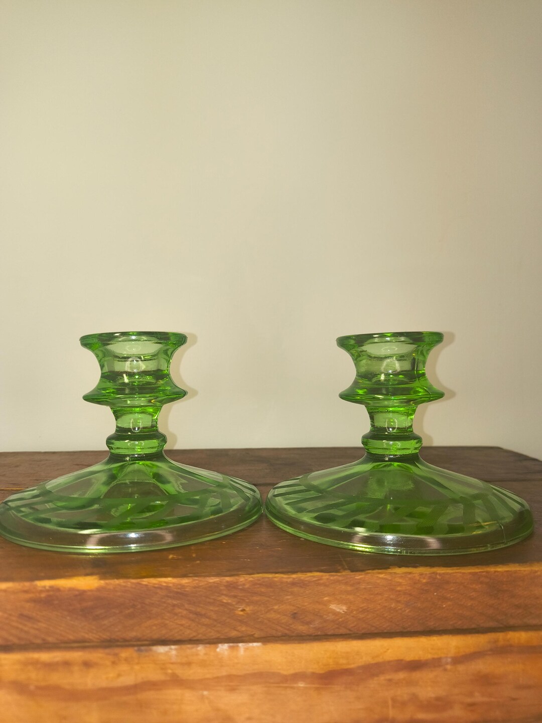 A Pair of Vintage Green Depression Candlestick With Etched Leaf Design ...