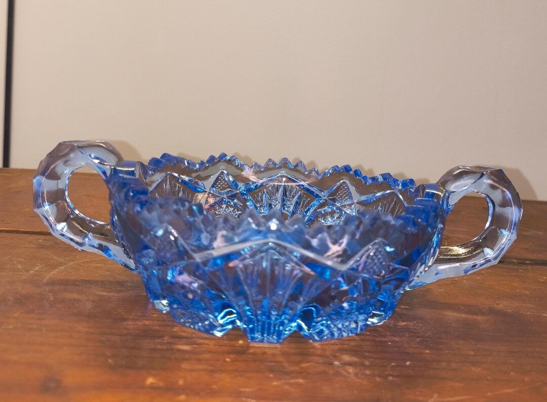 Vintage Periwinkle Blue Cut Glass Nappy Dish With 2 Handles and ...