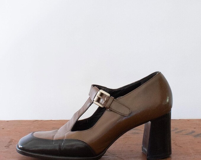 90s Mod T-strap Chunky Heels, Vintage Two-tone Italian-made Block Heels ...