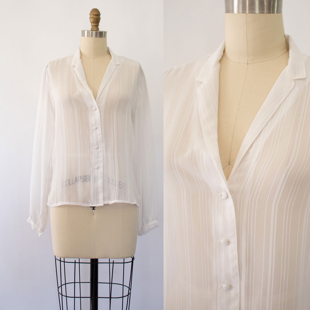 80s Sheer Jacquard Stripe Sheer Blouse, Vintage Dead-stock Classic ...