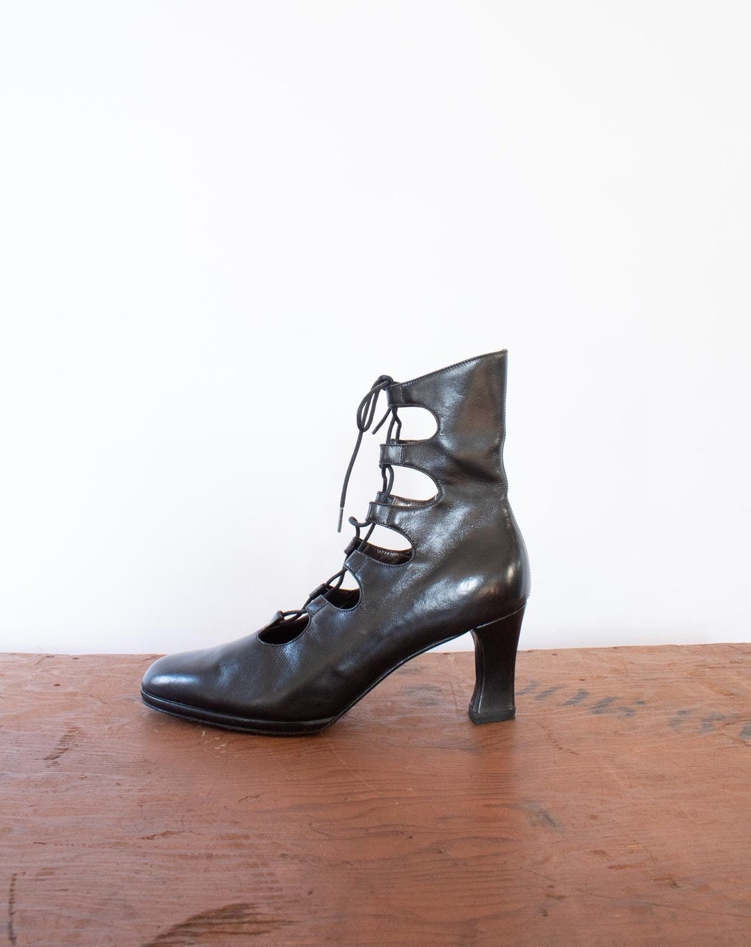 80s Armando Pollini Designs Lace-up Booties, Vintage Black Leather ...