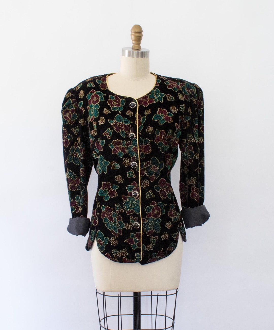 Vintage Victorian Evening Jacket, 80s Bold Shoulder Floral Velvet ...