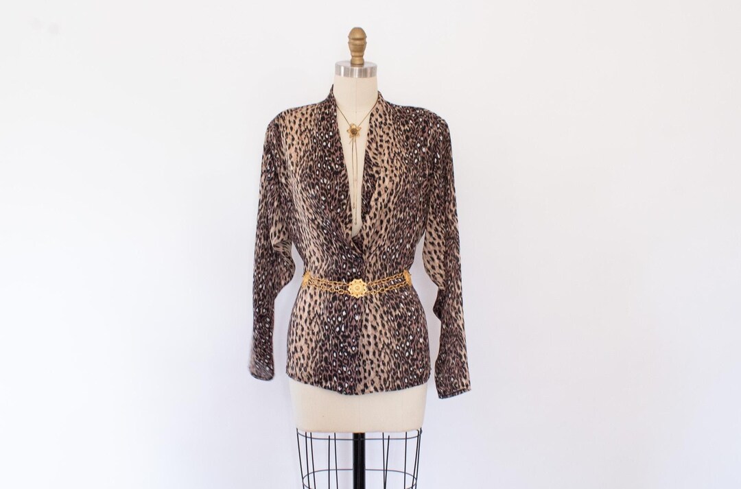 80s Leopard Print Plunging V-neck Blouse, Vintage Animal Print Sheer ...