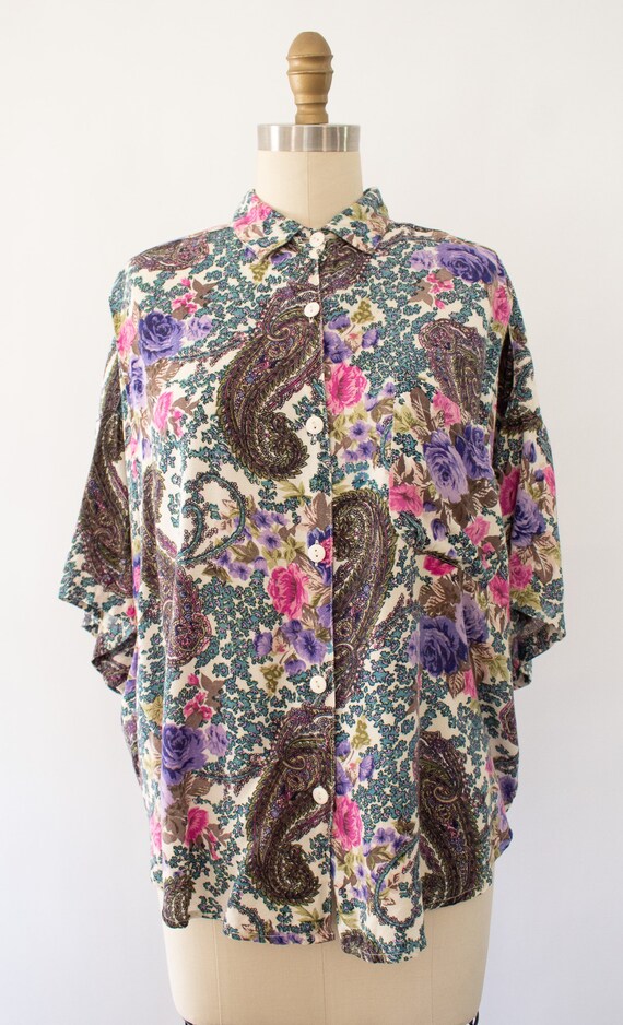 80s Paisley Floral Blouse, Vintage Cottagecore Oversi… - Gem
