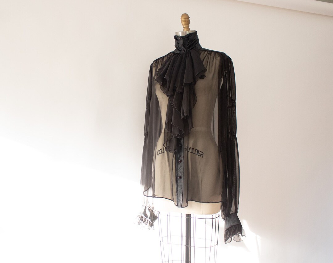 80s Poet Sleeve Silk Blouse, Vintage Jabot Sheer Blouse S-M - Etsy