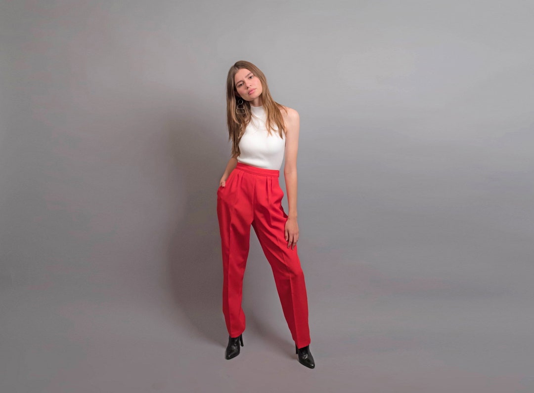 70s High-waisted Red Pants / Vintage 70s Pants / Straight Leg Pleated ...