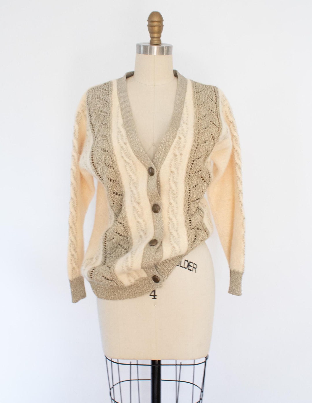 Vintage Angora Cable-knit Metallic Gold Cardigan, 80s Angora Rabbit ...