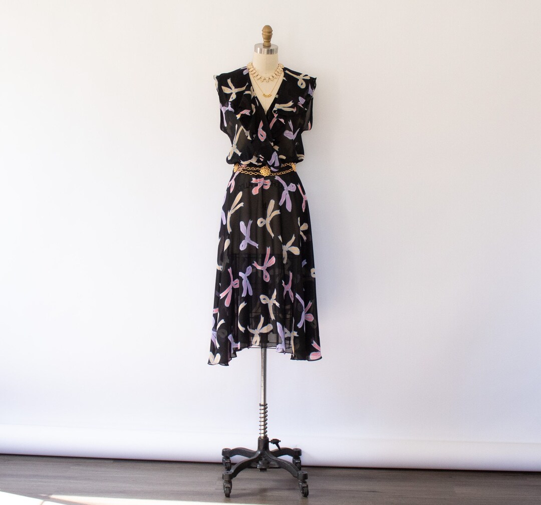 80s Kitschy Print Wrap Sheer Dress, Vintage Ruffle Asymmetrical Dress ...