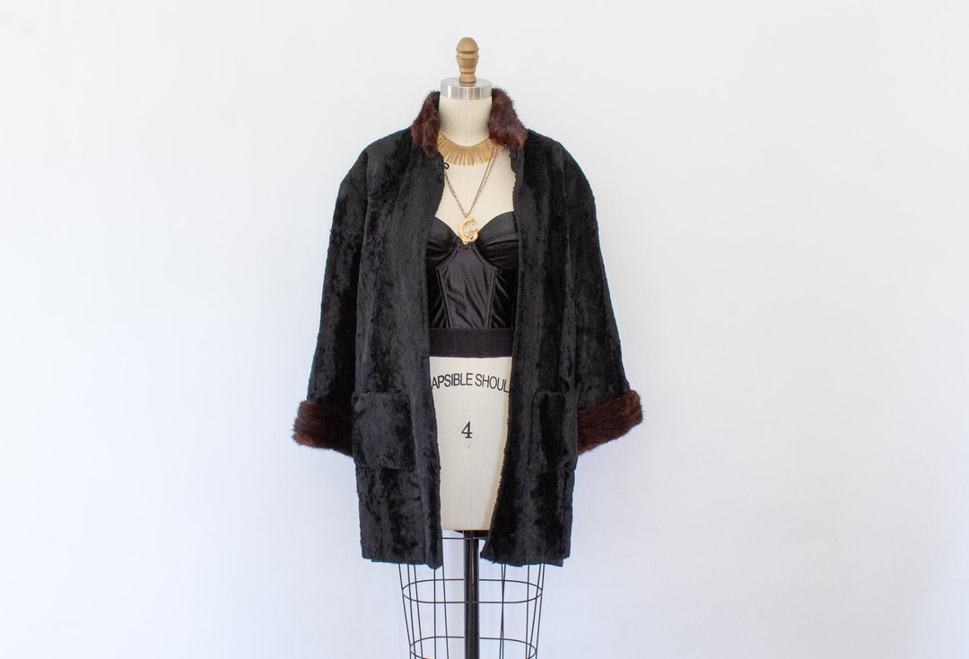 1920s Opera Fur Coat, Vintage Black Short Fur Lamb and Mink Coat (XS-M ...