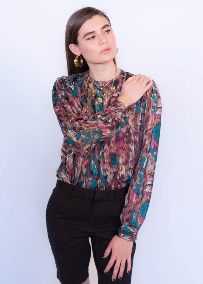 80s Abstract Silky Sheer Blouse Fits Sizes XS/S/M | Etsy