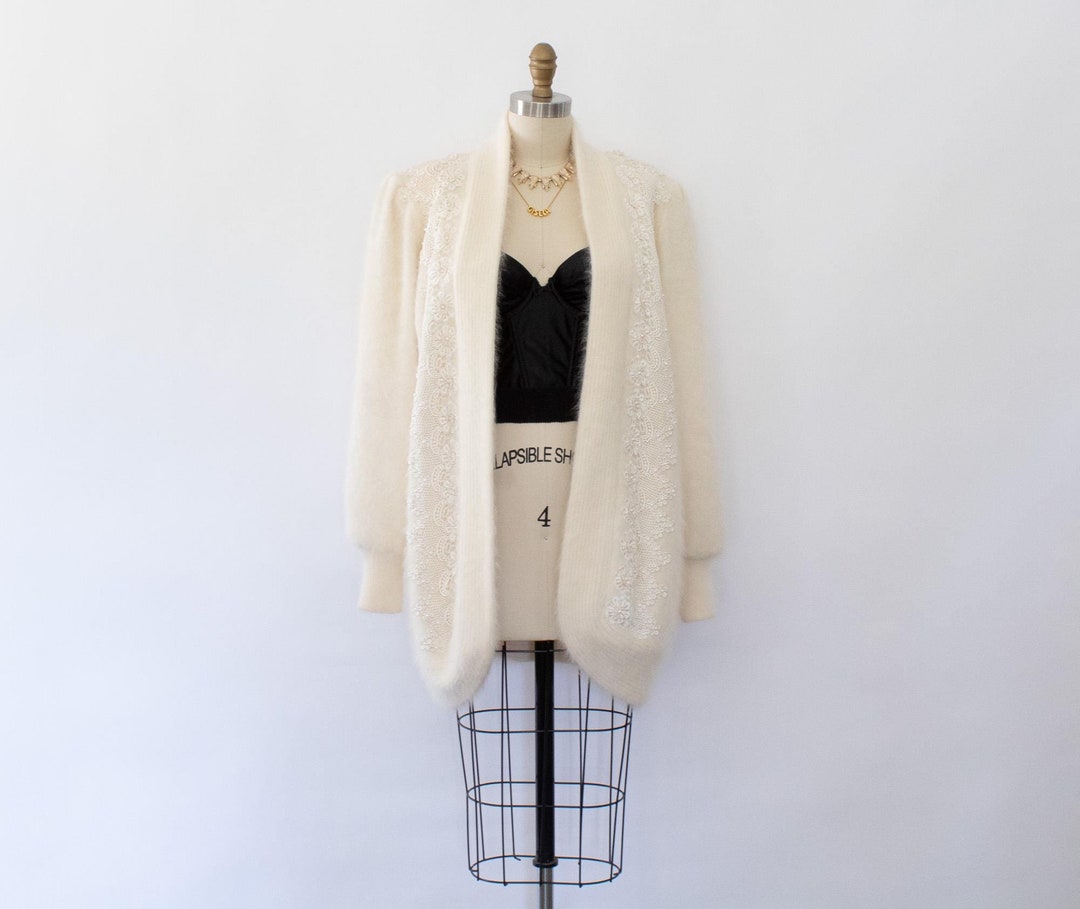 80s Angora Rabbit Coat, Oversized Floral Beaded Cardigan (XS-M) - Etsy