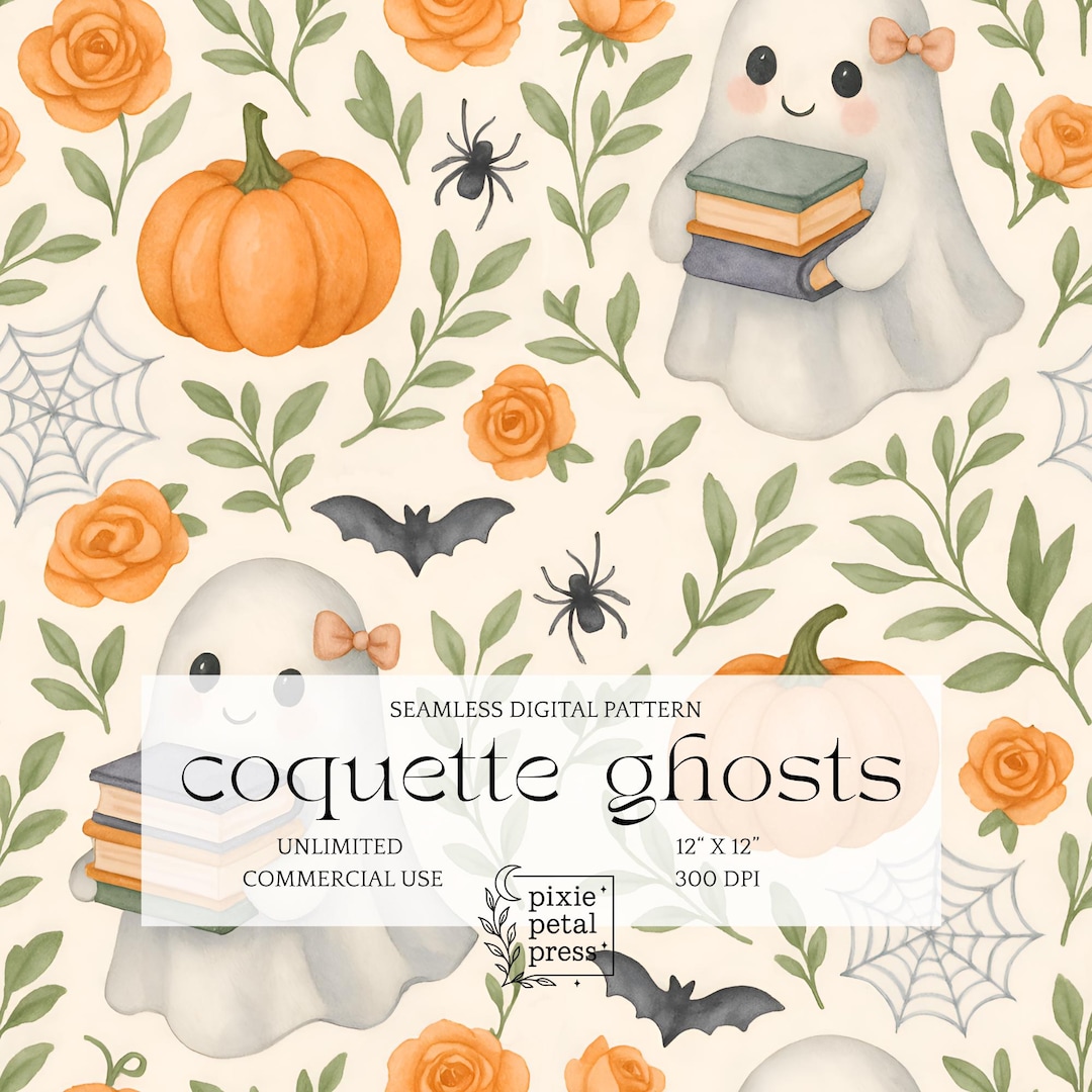 Cute Coquette Ghosts With Books Halloween Seamless Pattern Unlimited ...