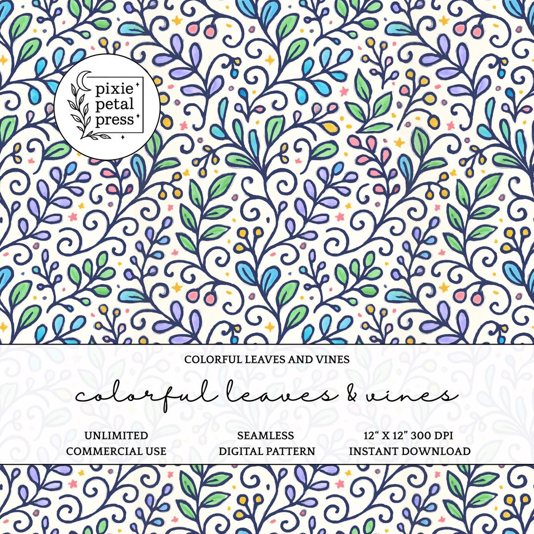 Colorful Leaves and Vines Seamless Pattern 300 DPI PNG Playful Scandi ...