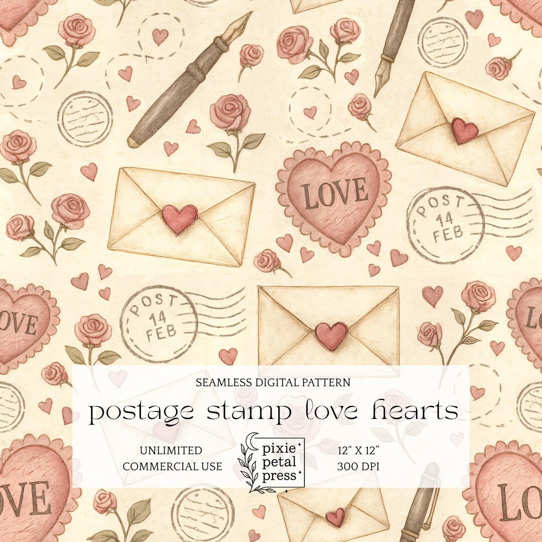 Postage Stamp Love Hearts Seamless Pattern 300 DPI PNG Valentine Design ...