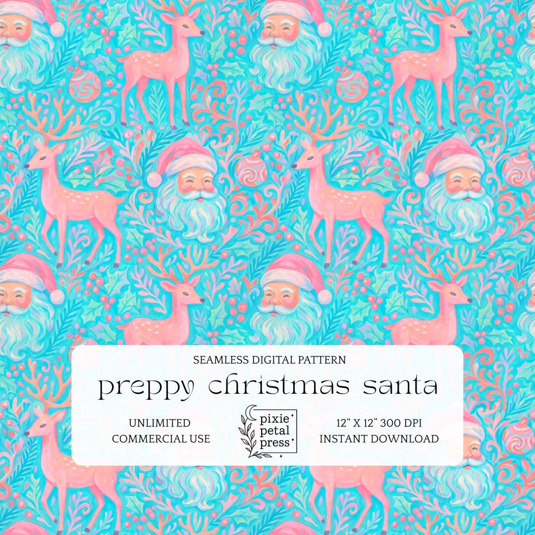 Preppy Christmas Santa Seamless Pattern 300 DPI PNG Pastel Bright ...