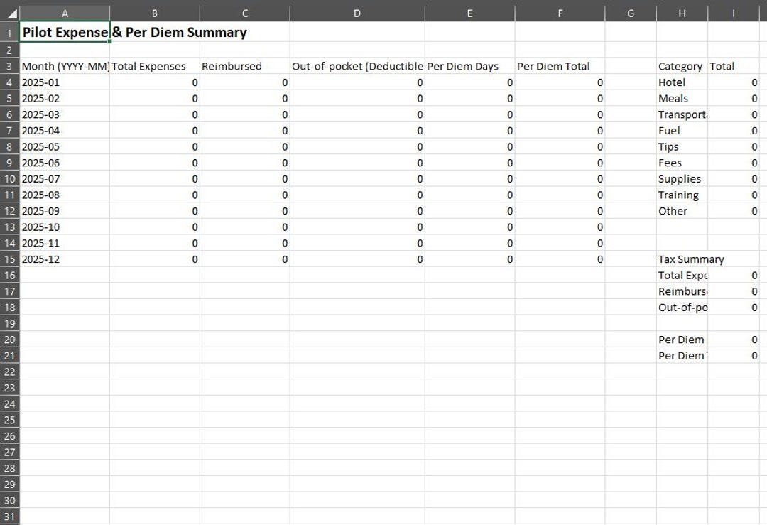 Pilot per Diem and Expense Tracker Template - Digital (excel Template ...