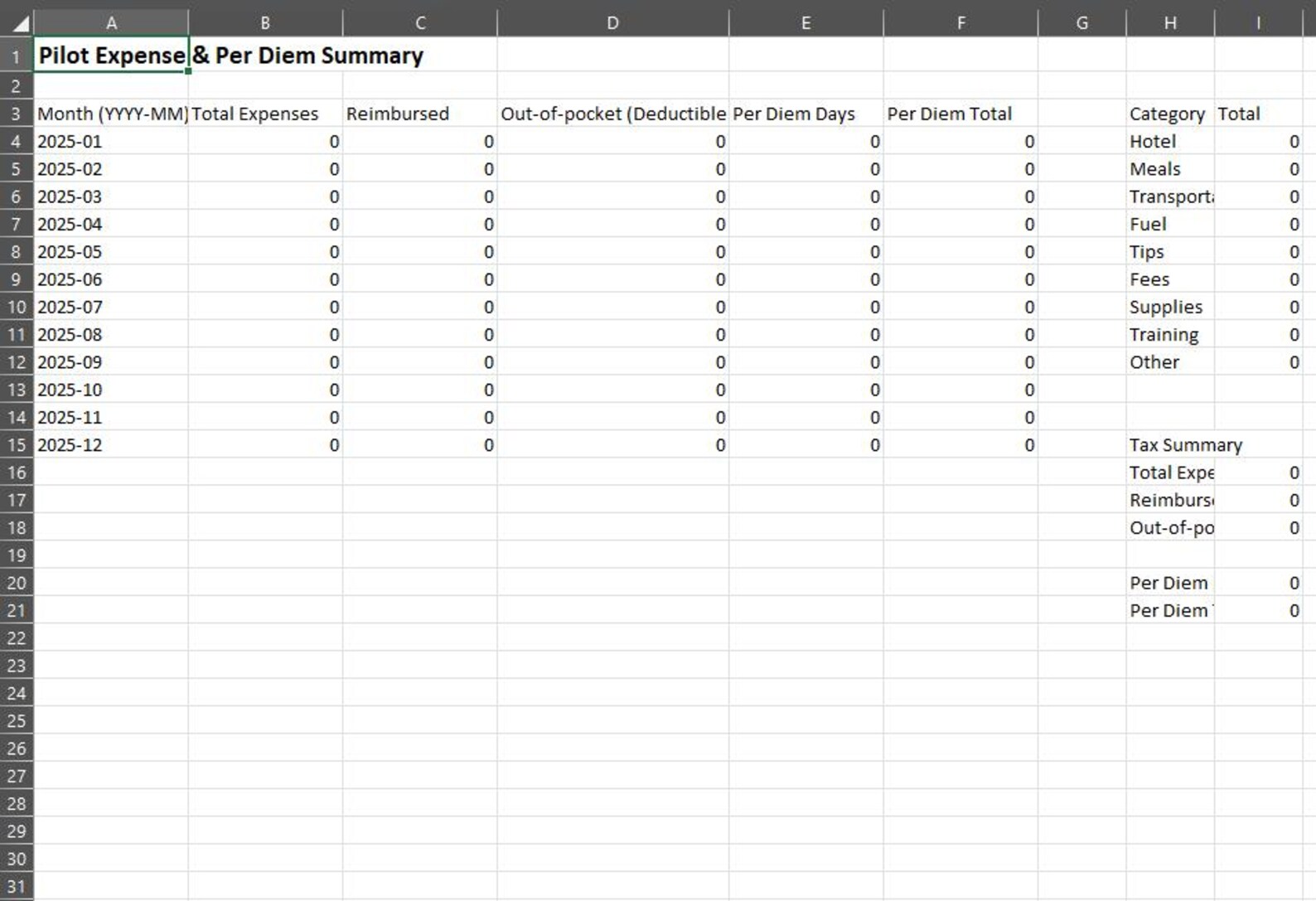 Pilot per Diem and Expense Tracker Template - Digital (excel Template ...