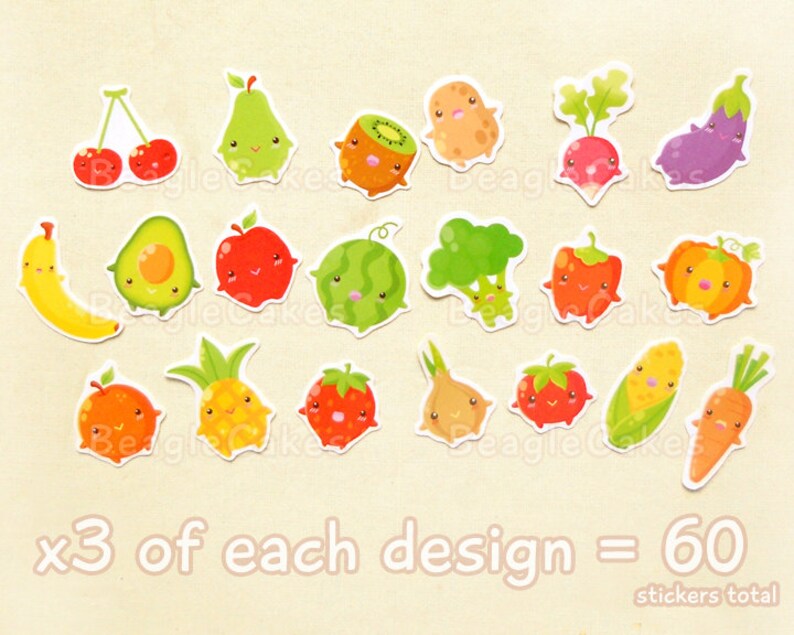 Fruits and Vegetables Stickers. 60 Pieces. Vegetarian Sticker. | Etsy