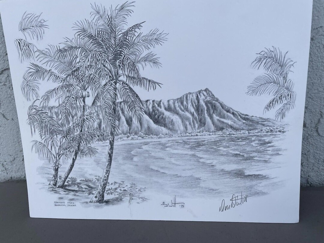 Don D’witt Diamond Head Honolulu Hawaii Litho Signed Drawing Beach Palm ...