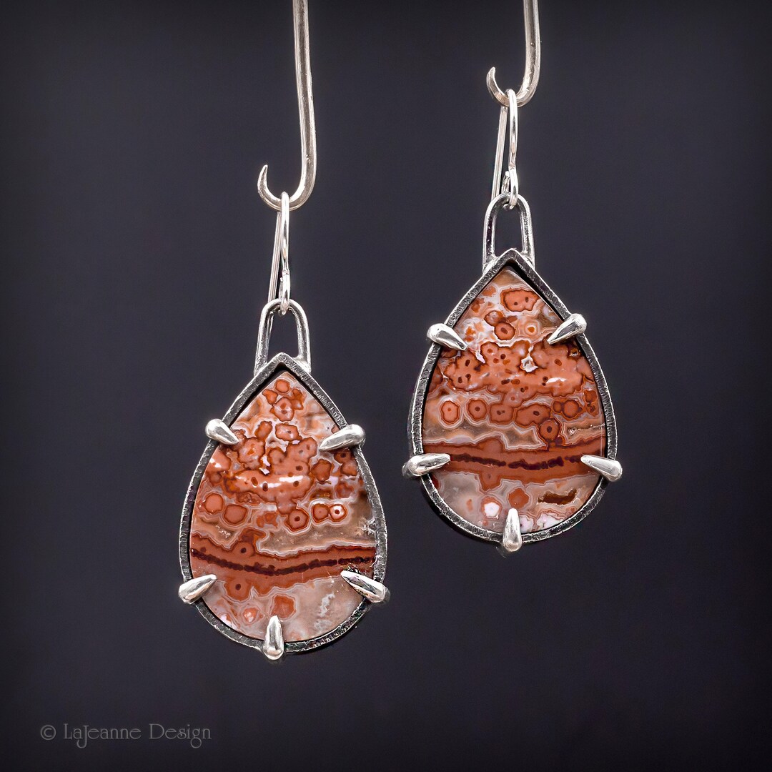 Handmade Red Ocean Jasper & Silver Drop Earrings, Boho Gemstone Jewelry ...