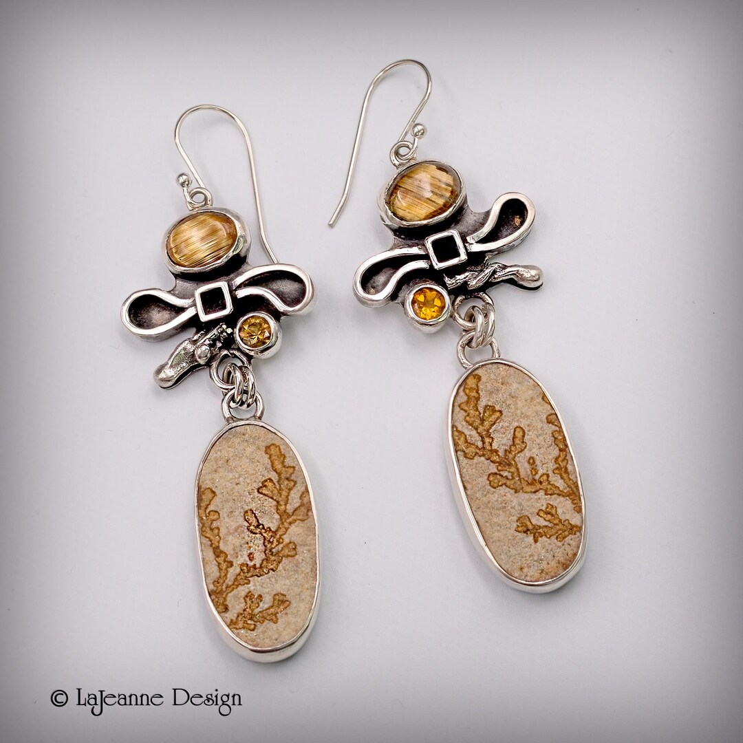 Dendritic Limestone and Golden Rutilated Quartz Sterling Silver ...