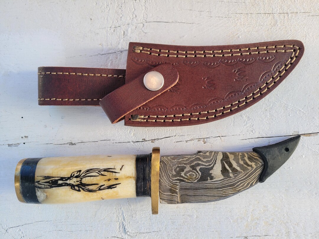 Damascus Hand Forged Deer Design Hilt Knife With Bolster & Blade Tip ...