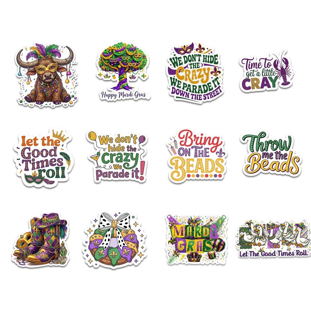 12pcs Mardi Gras Sticker Pack, New Orleans Decoration - Water Resistant ...