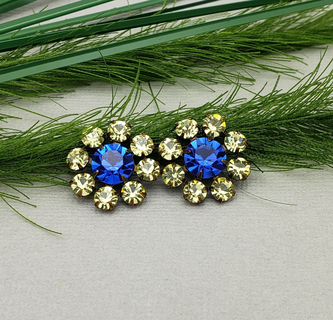 2pcs Vintage Blue Sapphire and Jonquil Rhinestones in Antiqued Brass ...