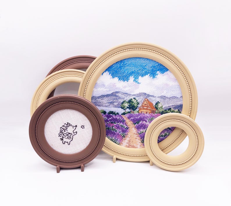 Magnetic Cross Stitch Round Frame: Beige Needlework Display With Stand ...