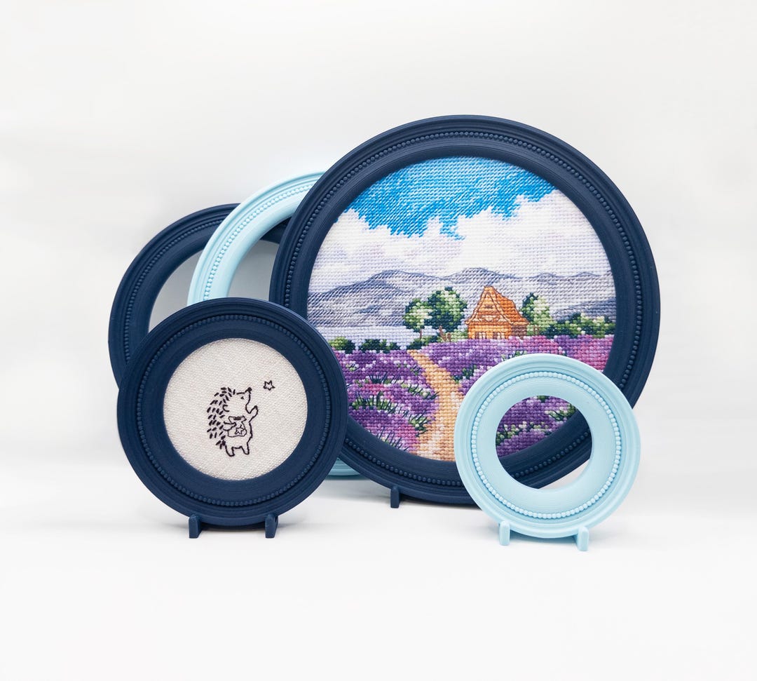 Magnetic Cross Stitch Round Frame: Blue Needlework Display With Stand ...