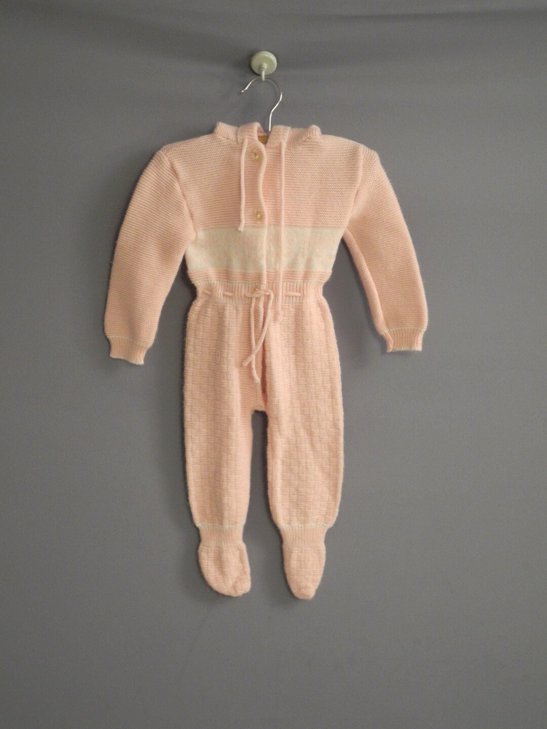 Vintage Baby Clothes | 1970's Pink and White Hooded Knit Baby Romper ...