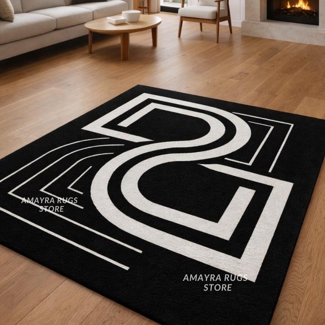Black and White Geometric Rug, Abstract Line Design, Modern Minimalist ...