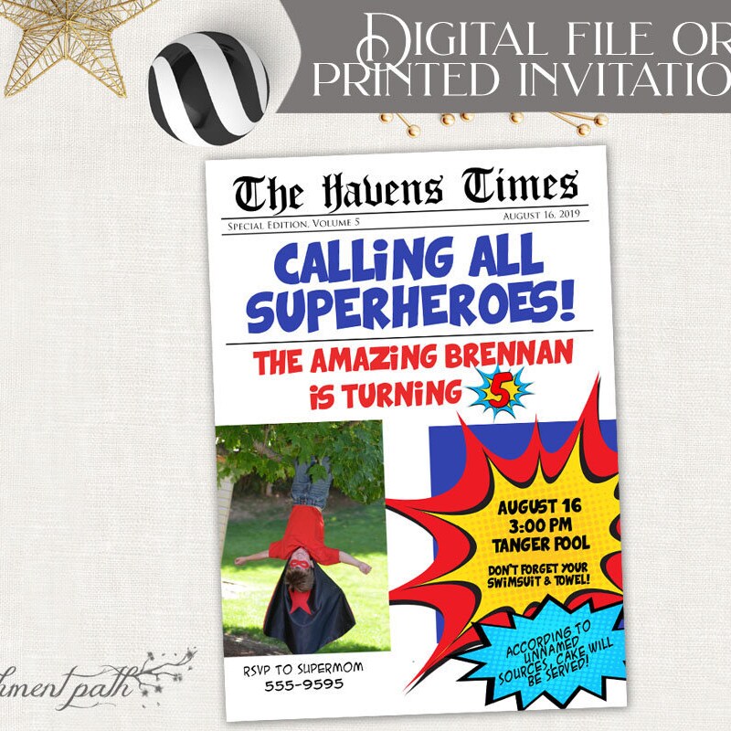 Superhero Newspaper Invitation - Etsy